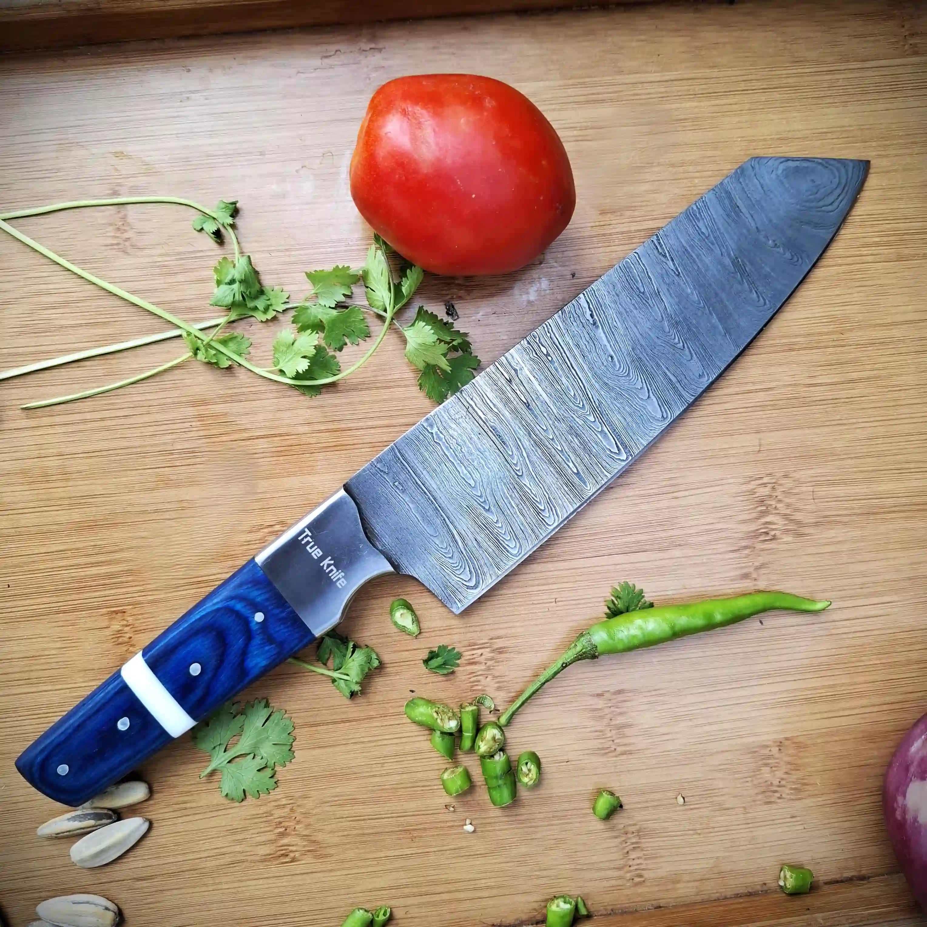 8” Damascus Chef Knife with Blue Pakkawood Handle
