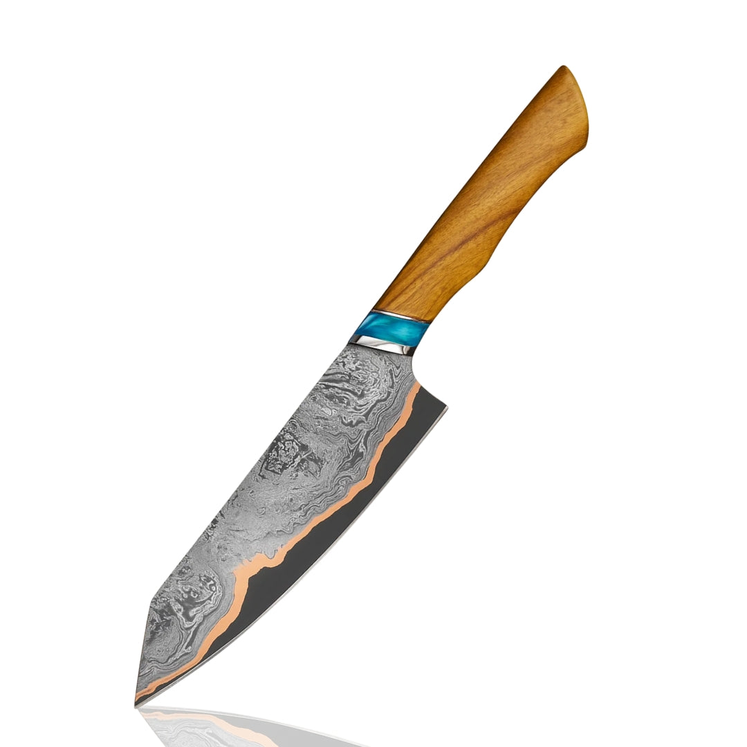 Copper Damascus Kitchen Knife - Wood & Resin Handle