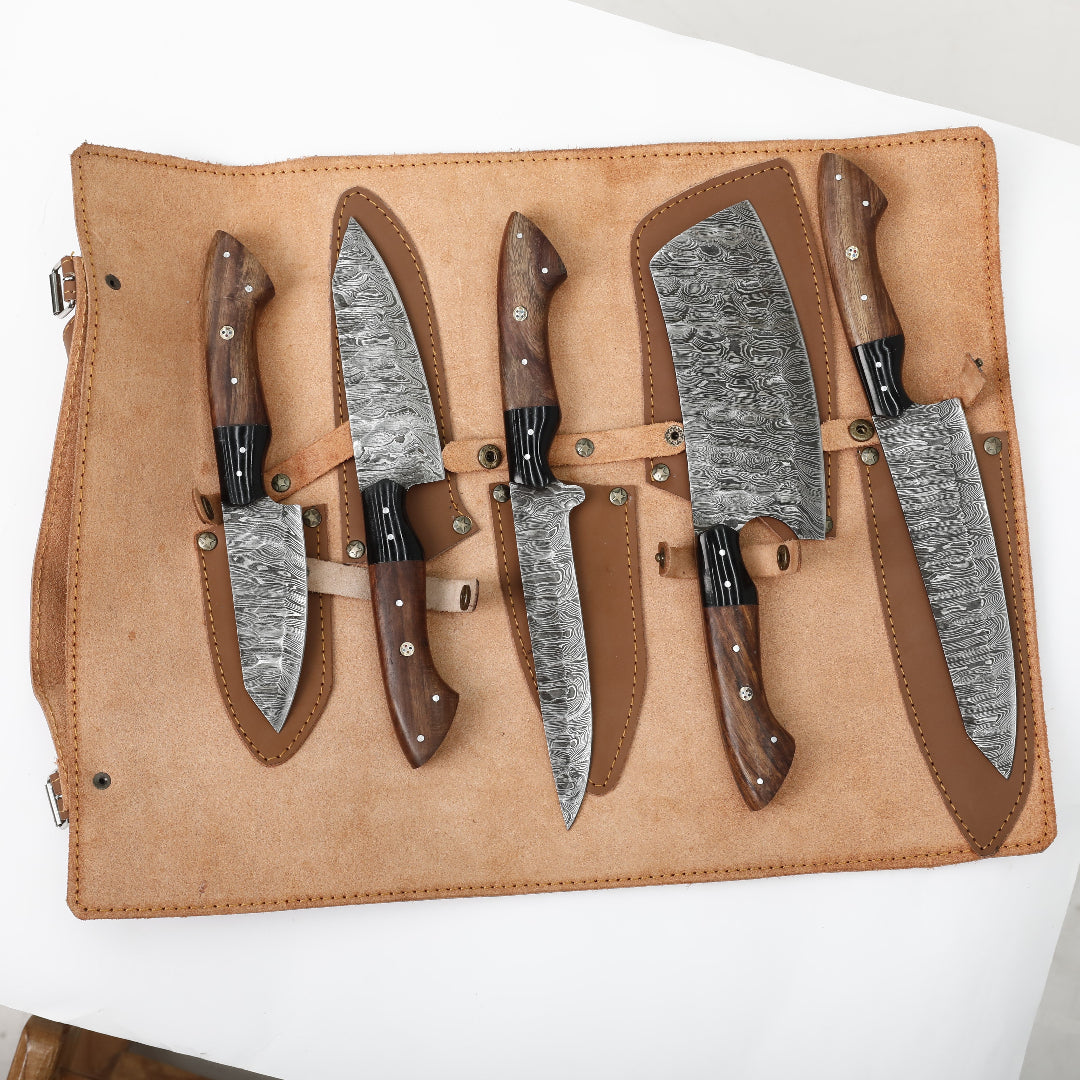 Damascus Chef Knife Set 5-Piece | Rosewood Handles & Leather Roll